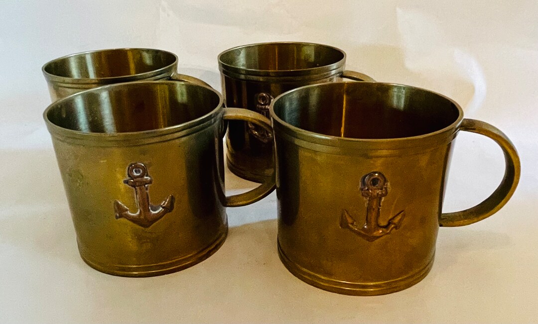 Set of Four Brass and Copper Mugs With Anchor Design - Etsy
