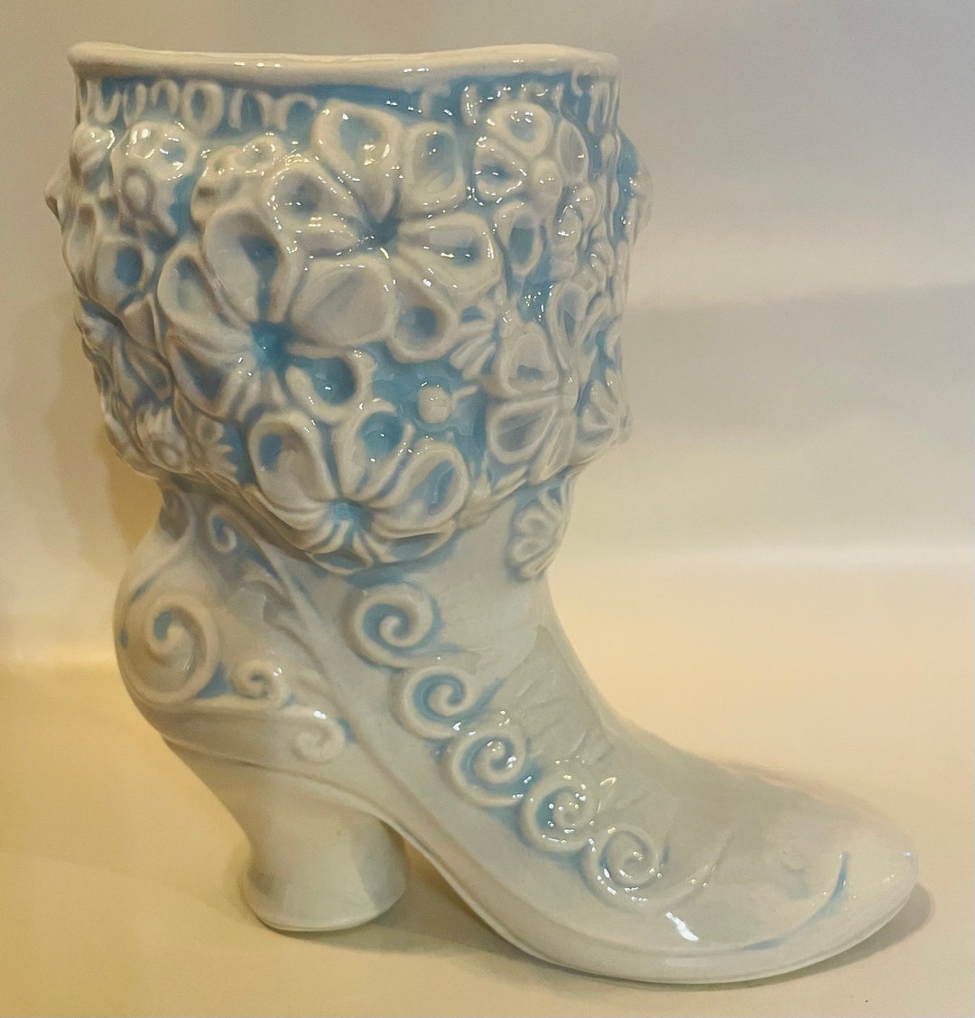 Vintage Blue and White Ceramic Boot Vase Hand Painted - Etsy