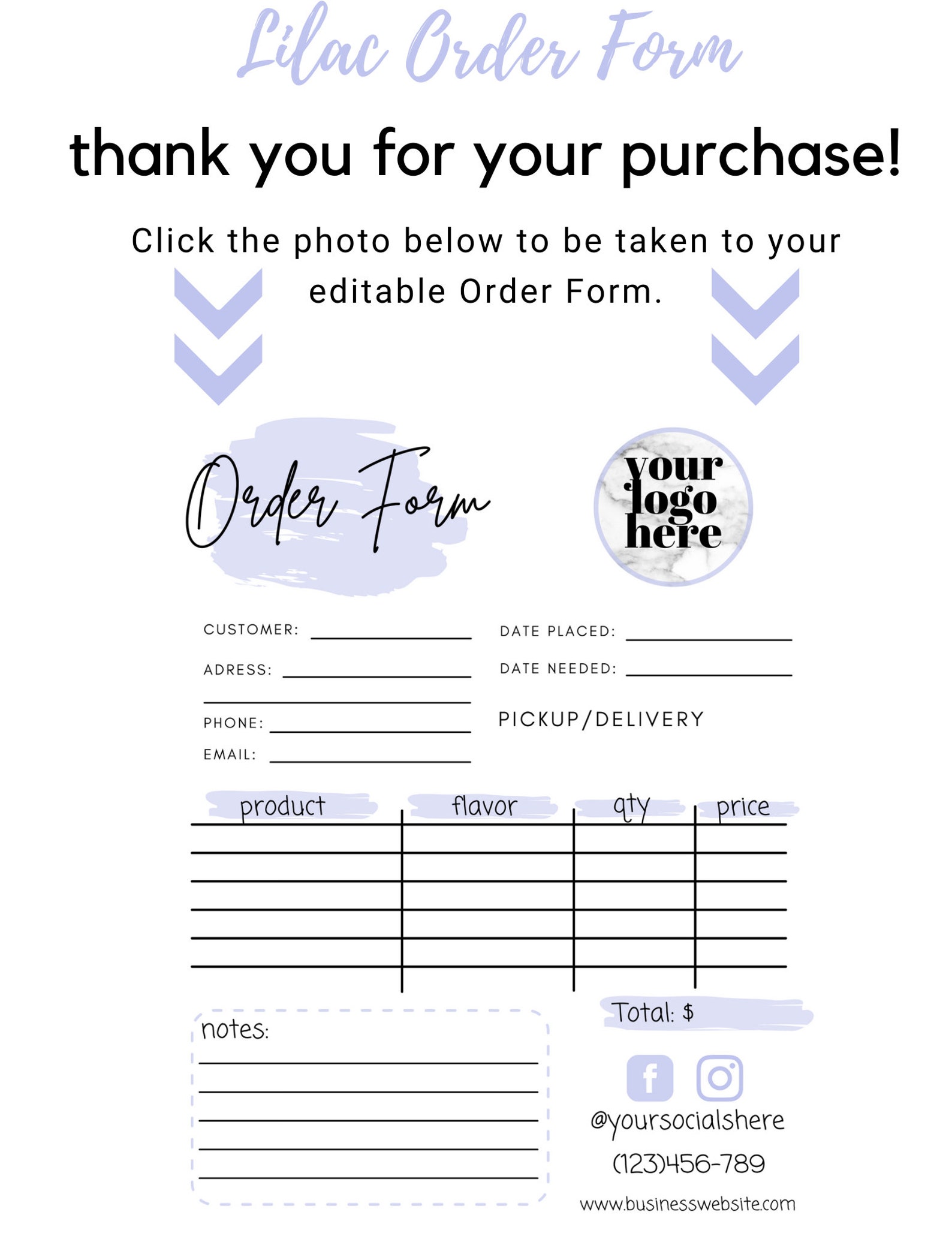 Order Form Lilac Editable Order Form Digital Download Edit - Etsy