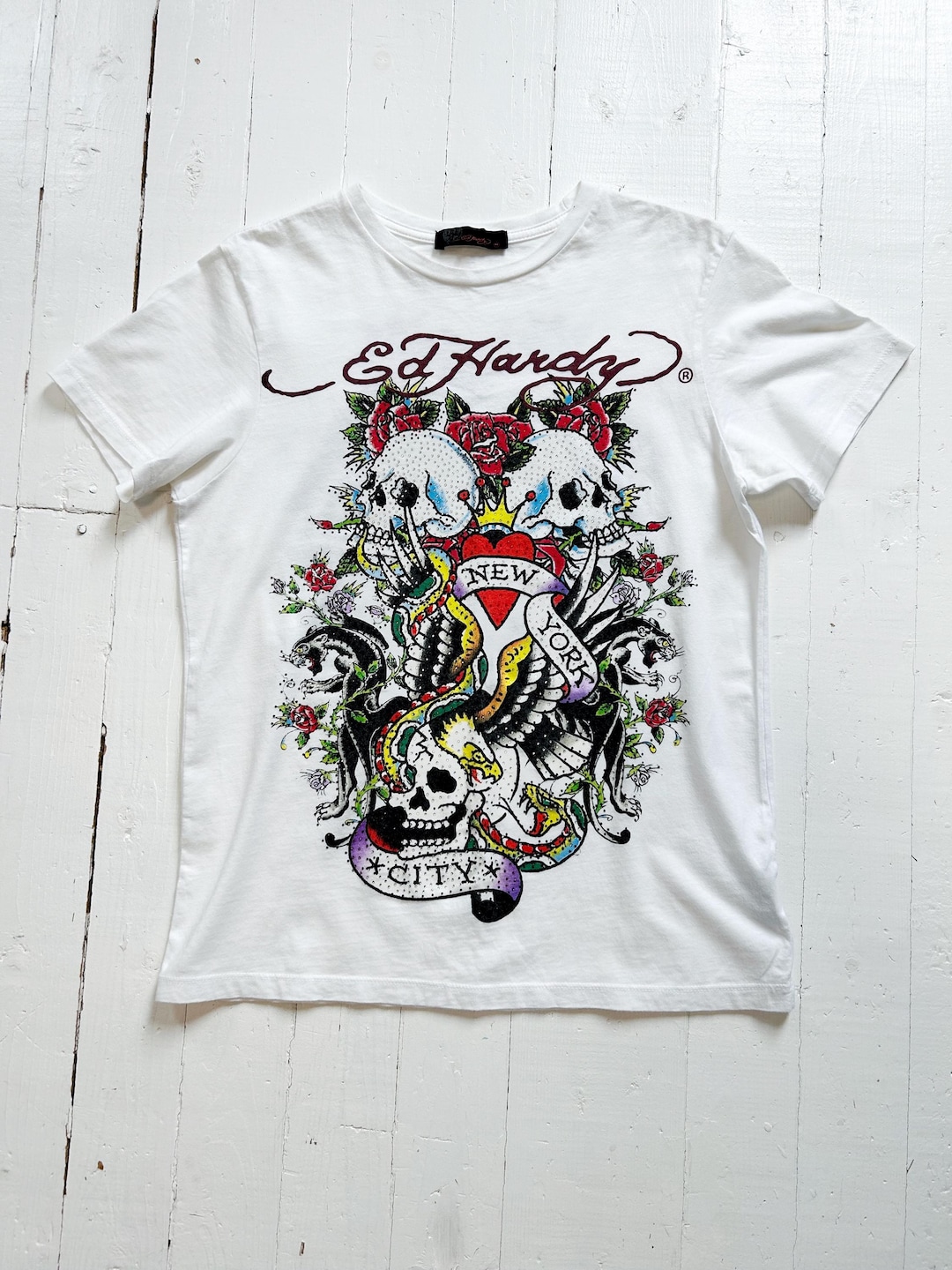 Ed Hardy T Shirt White New York City Skull Print Short Sleeve W ...