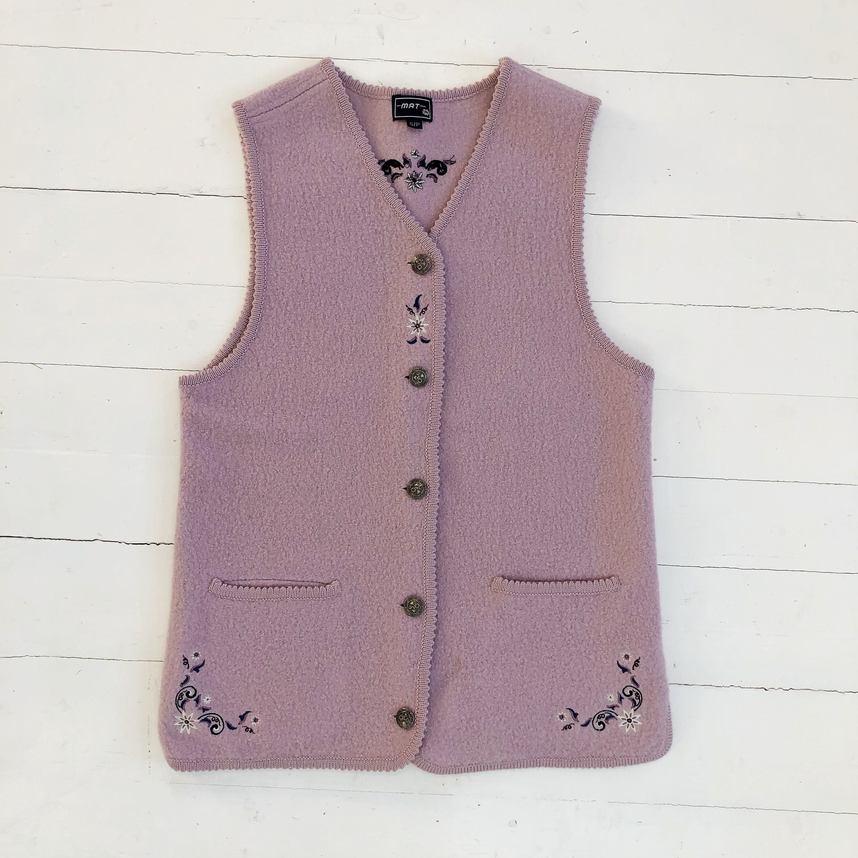 Vintage Granny Chic Embroidered Wool Vest Button up Purple Sweater Vest ...