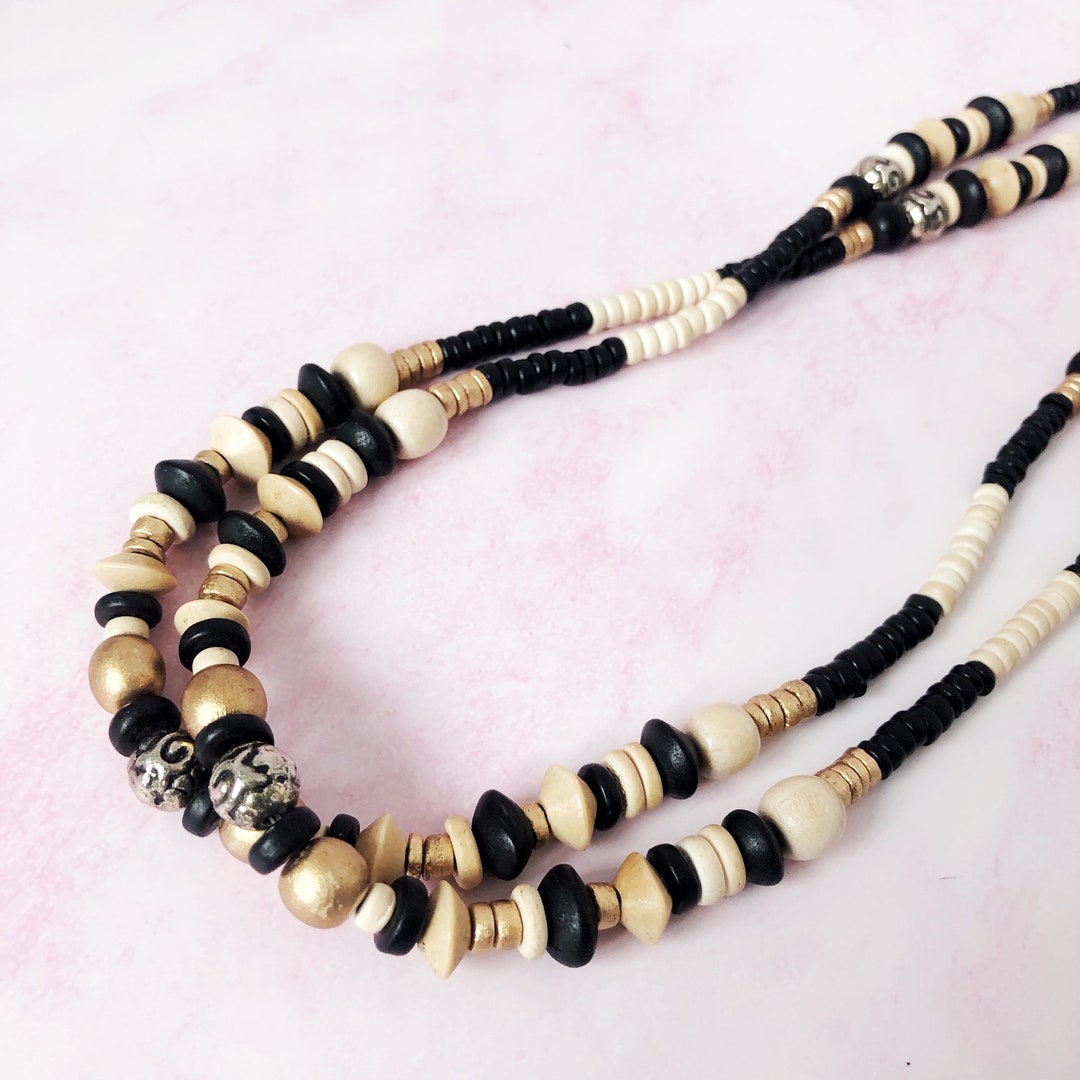 Vintage Coconut Shell & Wood Necklace Long Black and White Beaded ...