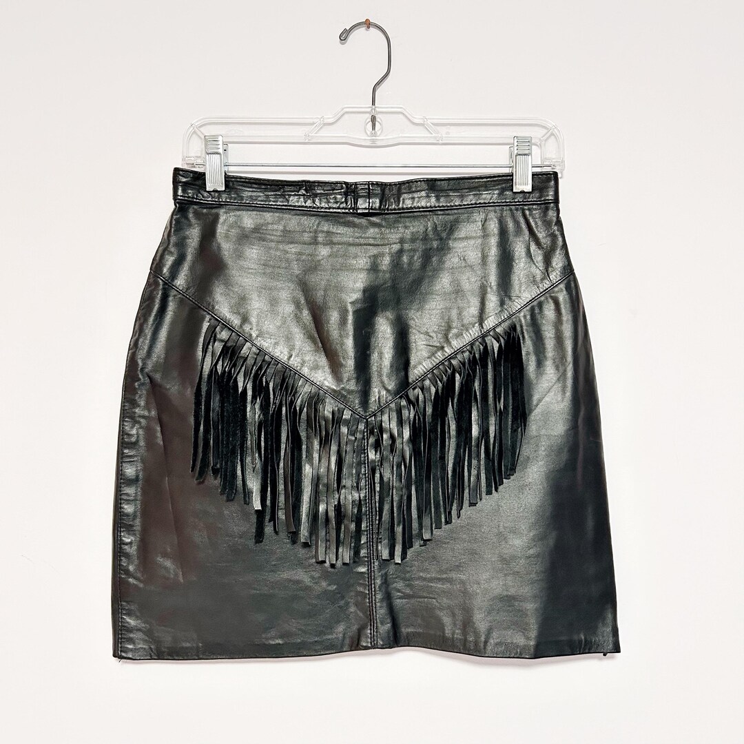 Leather Fringe Skirt - Black Leather Biker Mini Skirt by Screaming ...