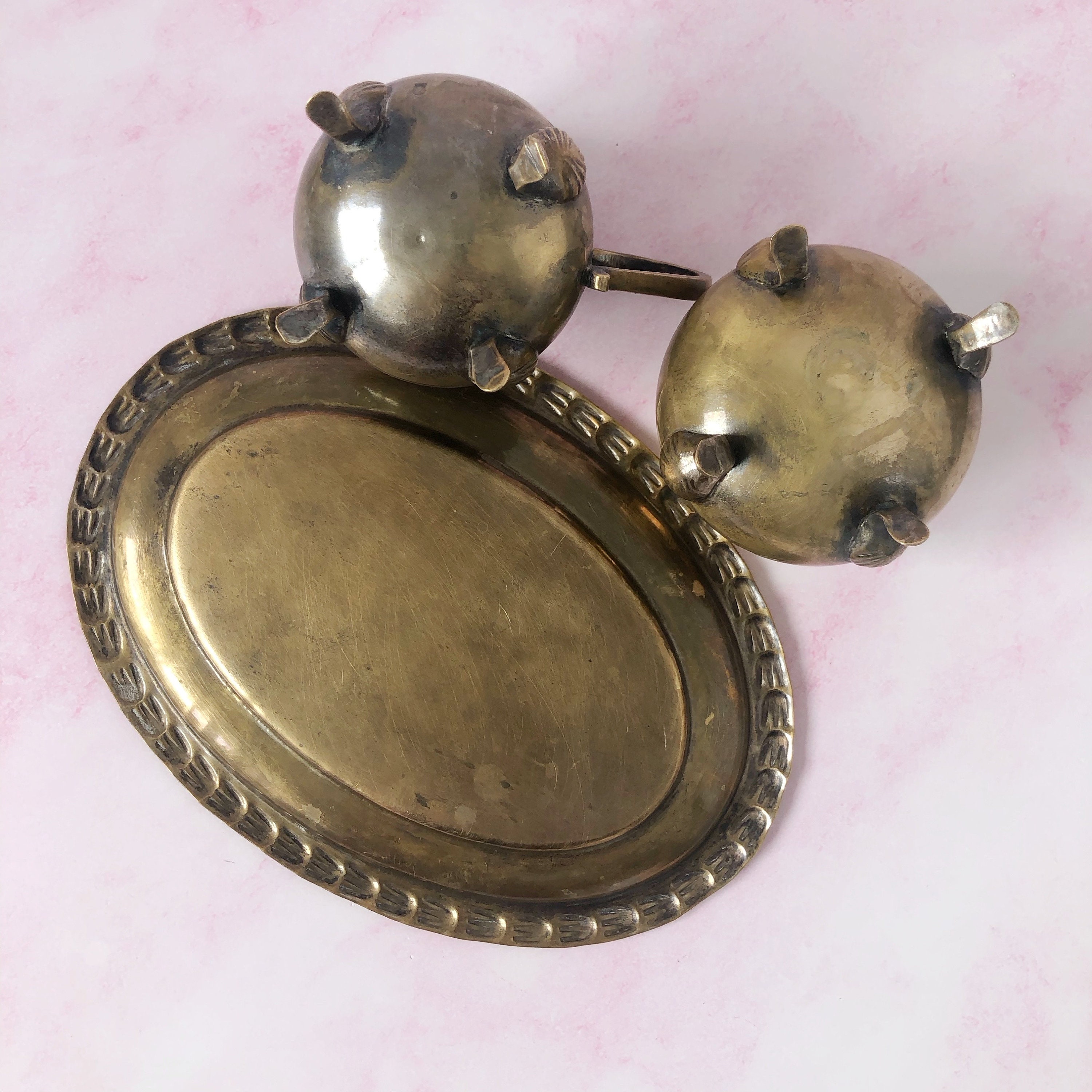 Solid Brass Creamer & Sugar Dish W/ Tray Vintage Footed Metal 3 Piece ...