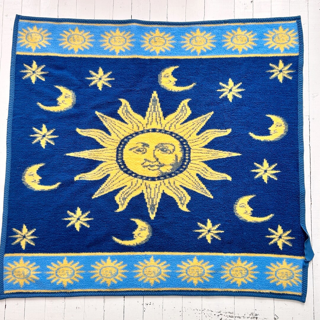 90s Celestial Blanket Fuzzy Plush Reversible Lap Throw Blanket Star Sun ...