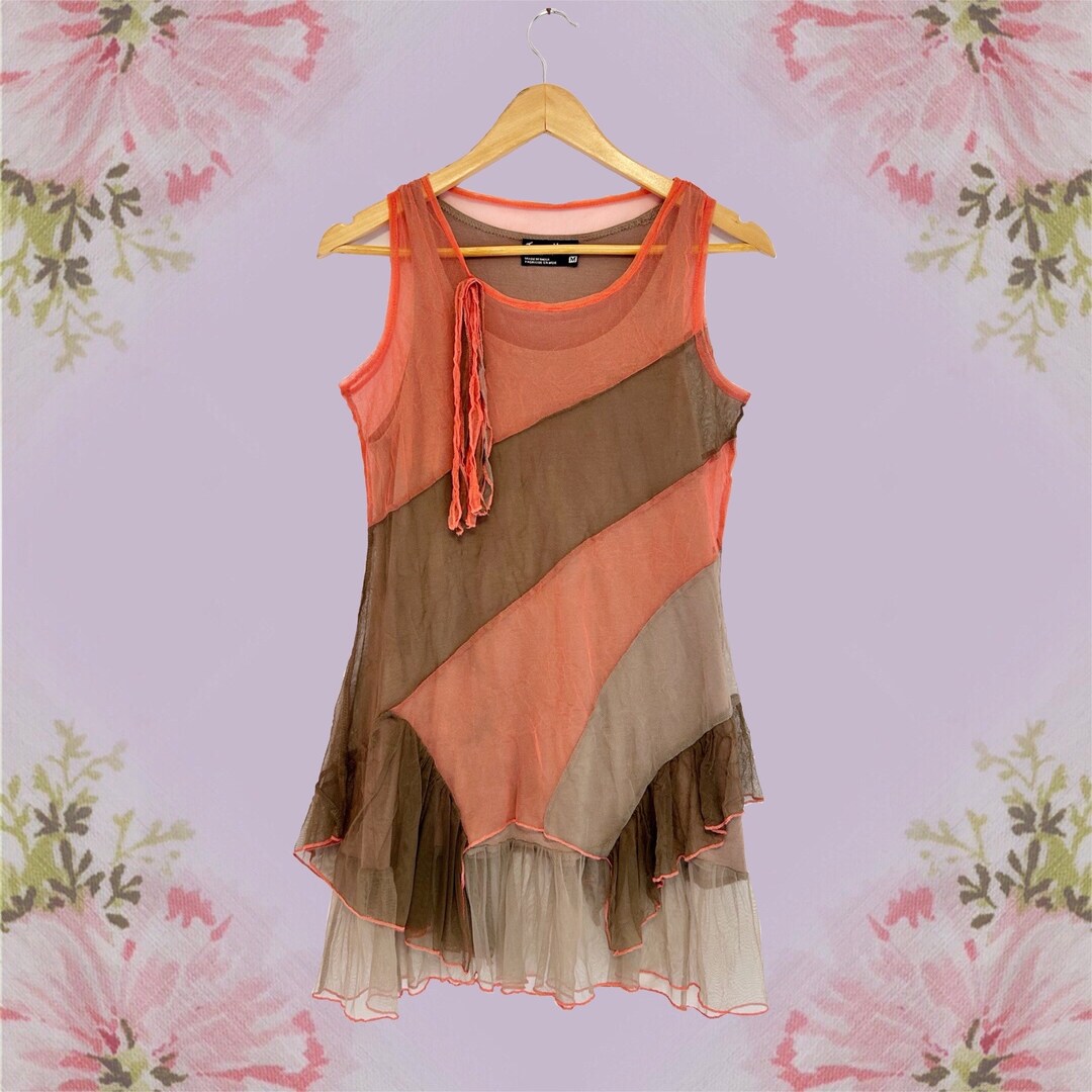 Y2K Asymmetrical Tank Top Tango Mango Layered Mesh Shirt With Peach ...