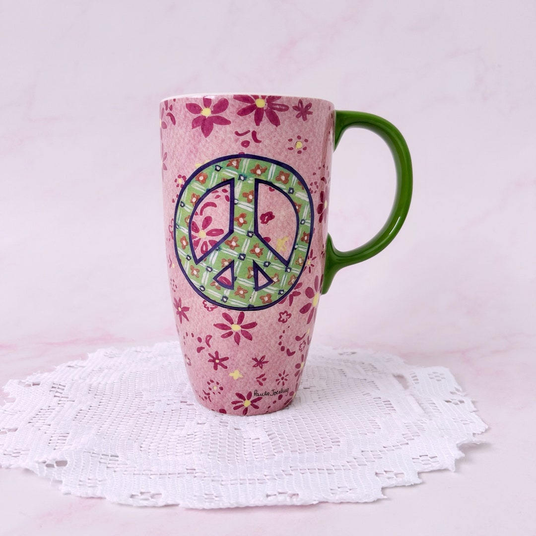 Y2K Peace Sign Mug - Cute Pink and Green Floral Ceramic Peace Sign Mug ...