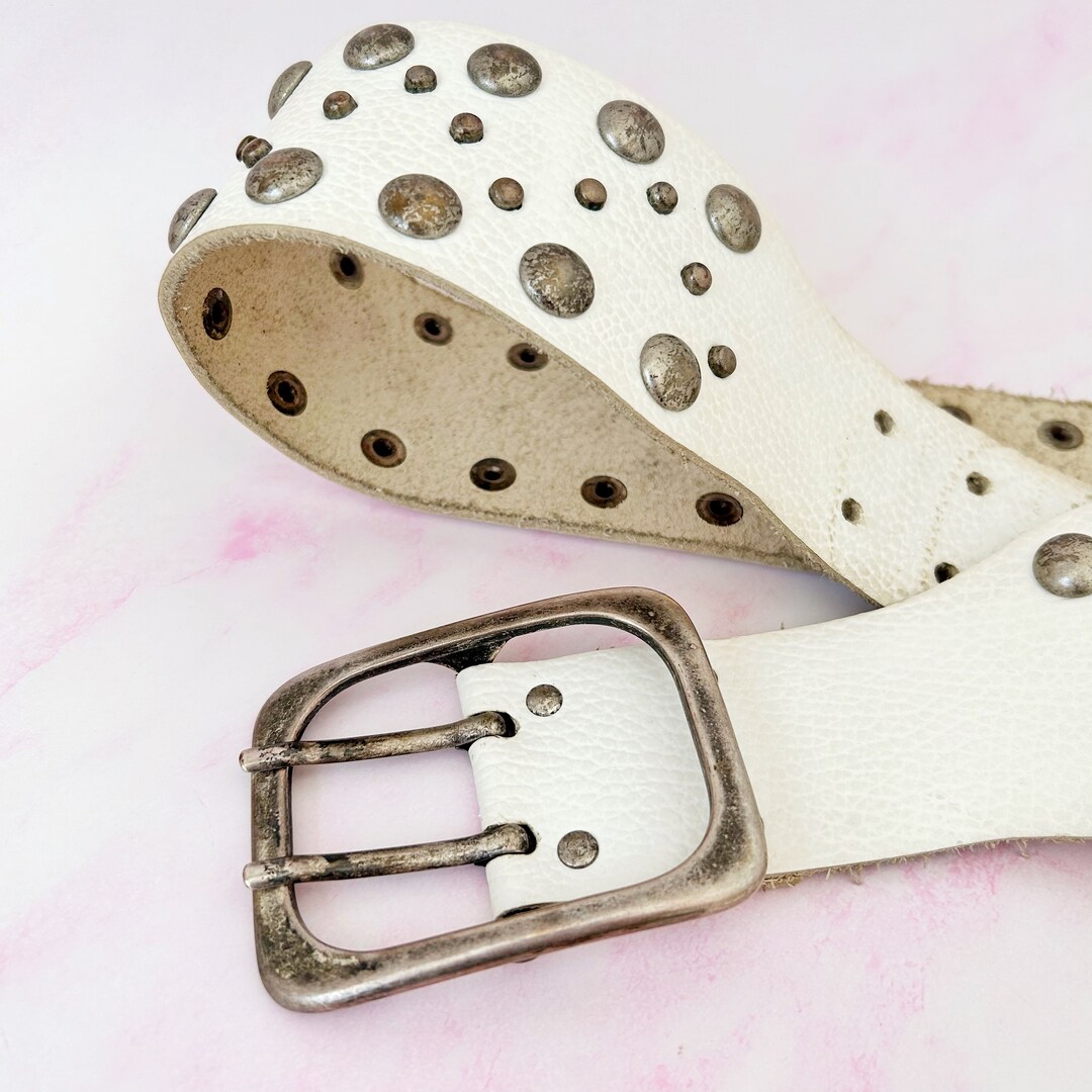 White Studded Leather Belt Heavy Vintage Y2K Wide White Belt With Round ...