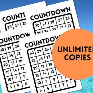 Printable Countdown Calendar. 30 Day Count Down to Vacation, Retirement ...