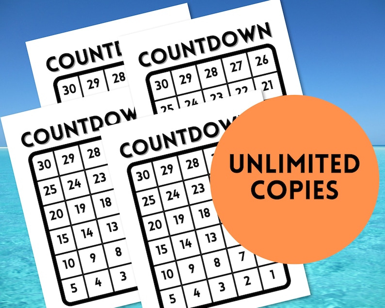 Printable Countdown Calendar. 30 Day Count Down to Vacation, Retirement ...
