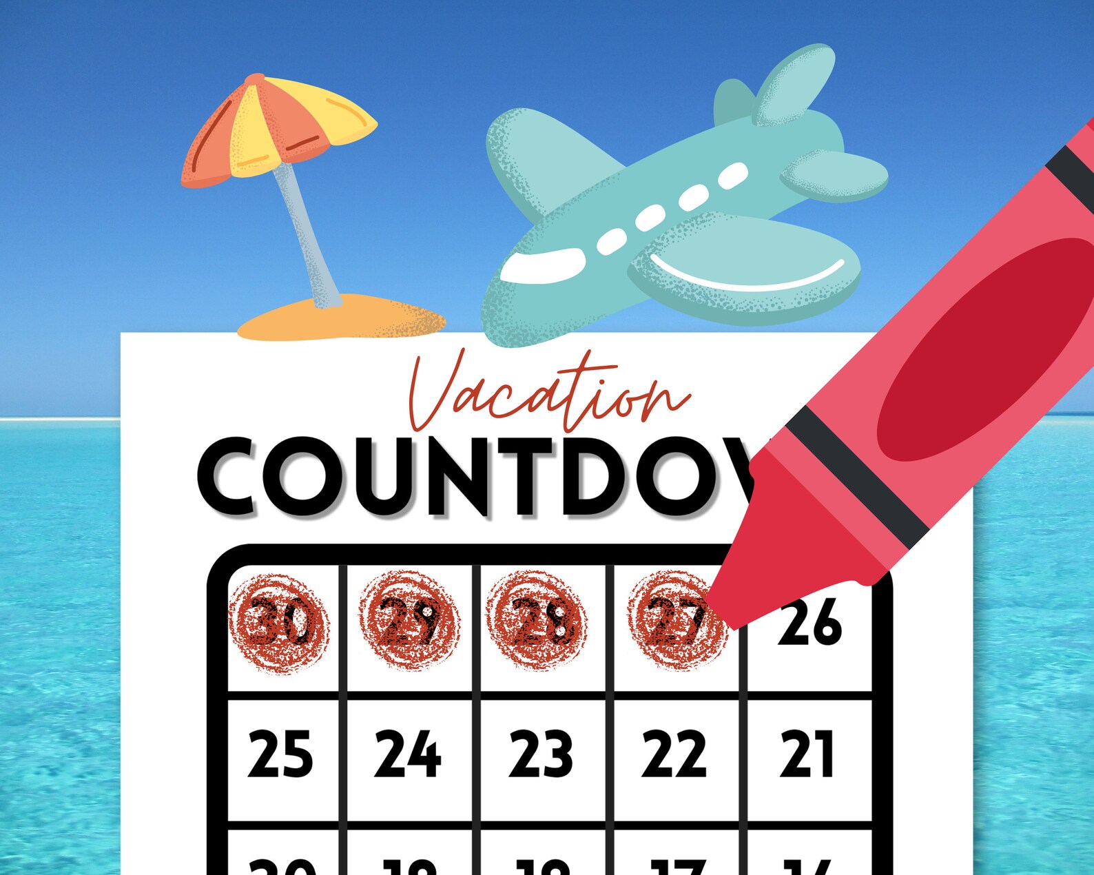Printable Countdown Calendar. 30 Day Count Down to Vacation, Retirement ...