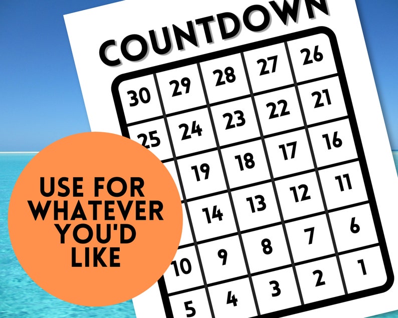 Printable Countdown Calendar. 30 Day Count Down to Vacation, Retirement ...