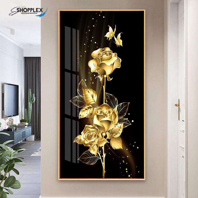 Golden Rose Crystal Porcelain 3D Look High Quality Painting Print ...