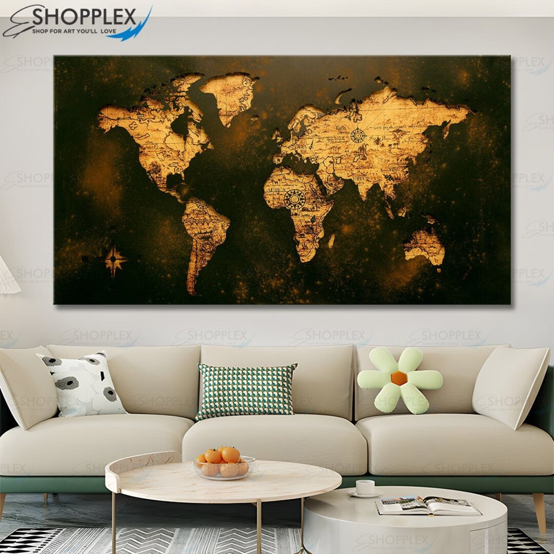 World Map Study Room Framed Canvas Stretched Canvas Poster Home Decor ...