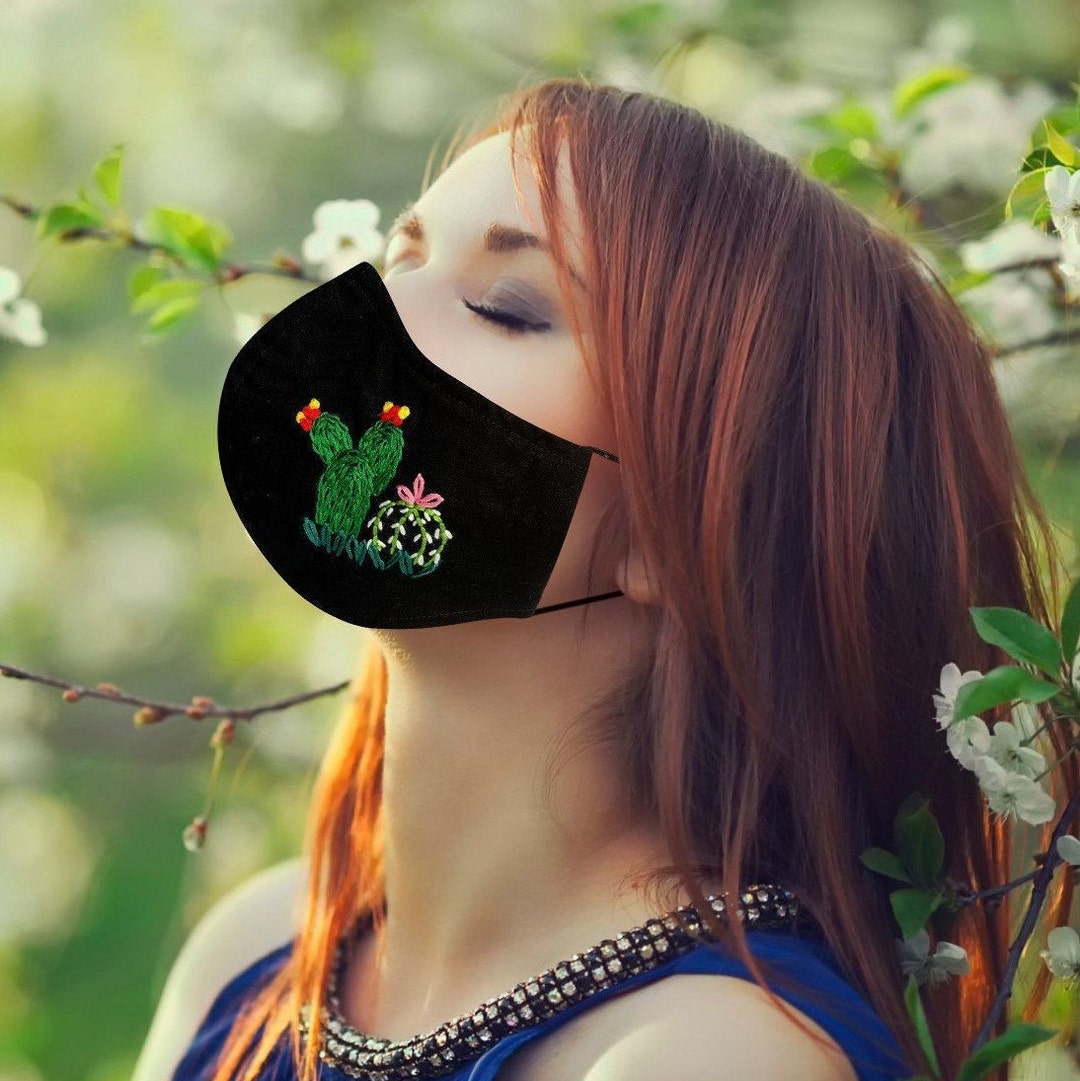 Pack of 2 Cactus Embroidered Face Mask Decorative Face Masks for Women ...