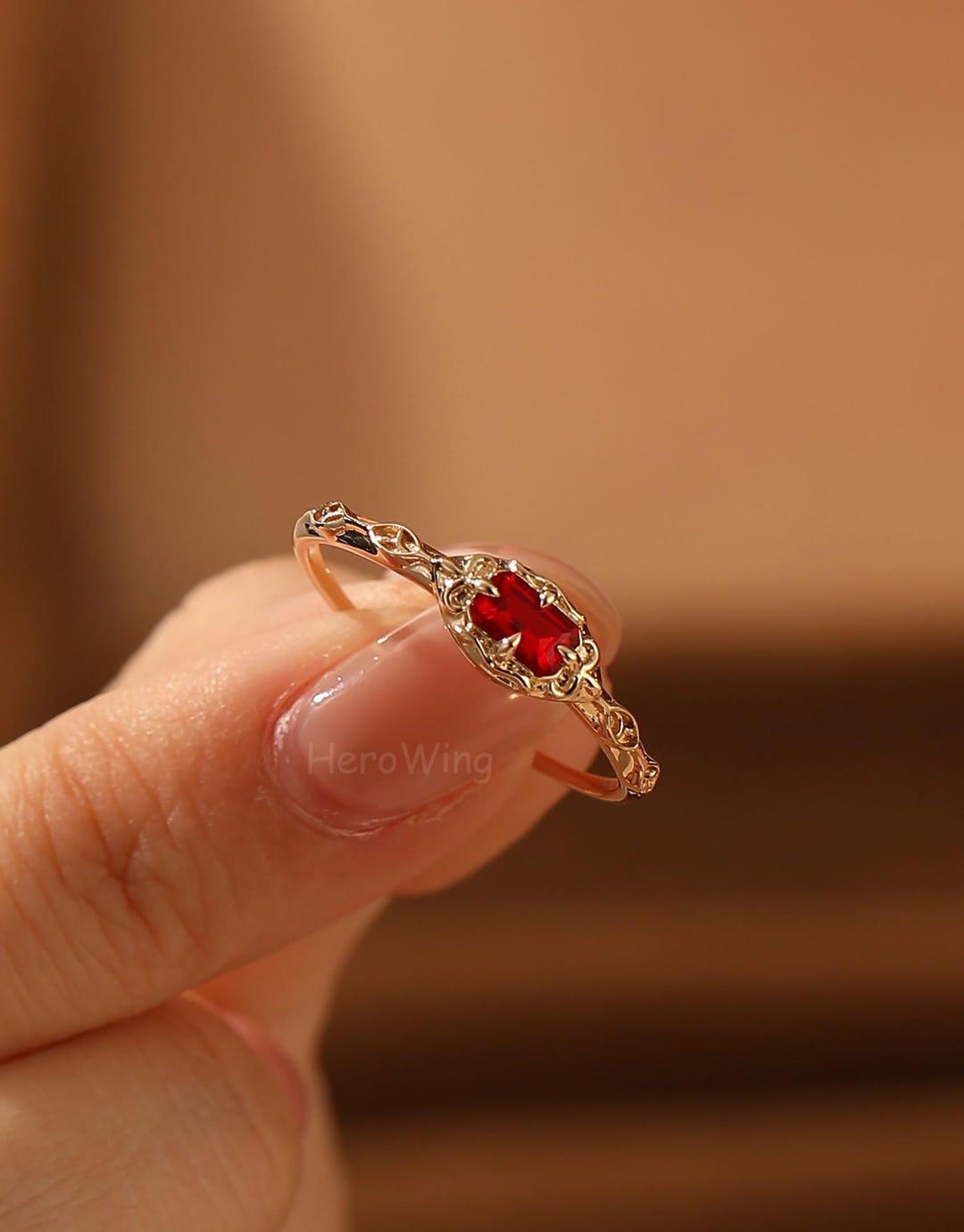 Art Deco Solitaire Baguette Cut Red Ruby Engagement Ring 14K10K Gold ...