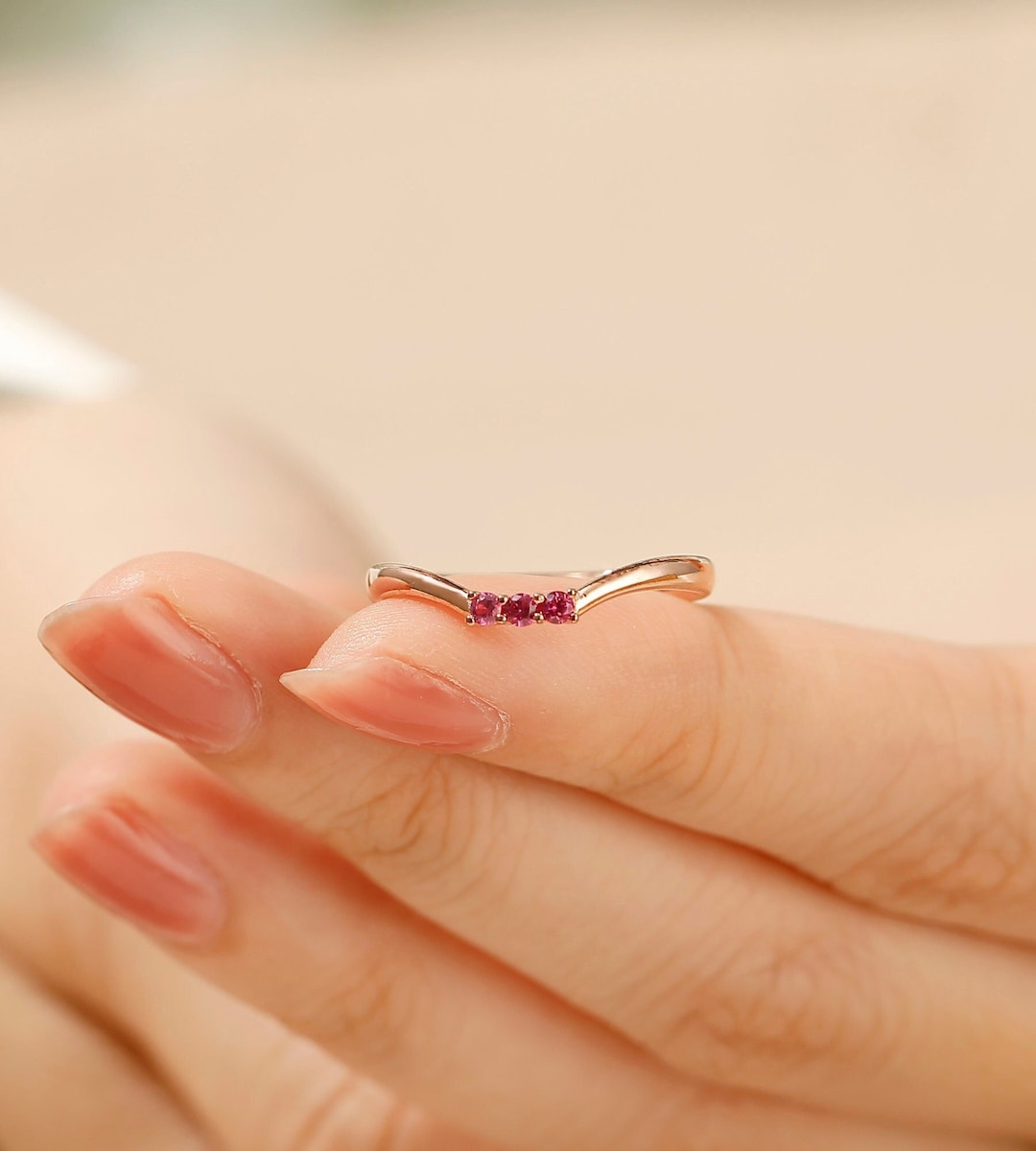 Minimalist Ruby Ring 14k Gold Ruby Matching Band Three Stone Stacking Ring Handmade Dainty ...