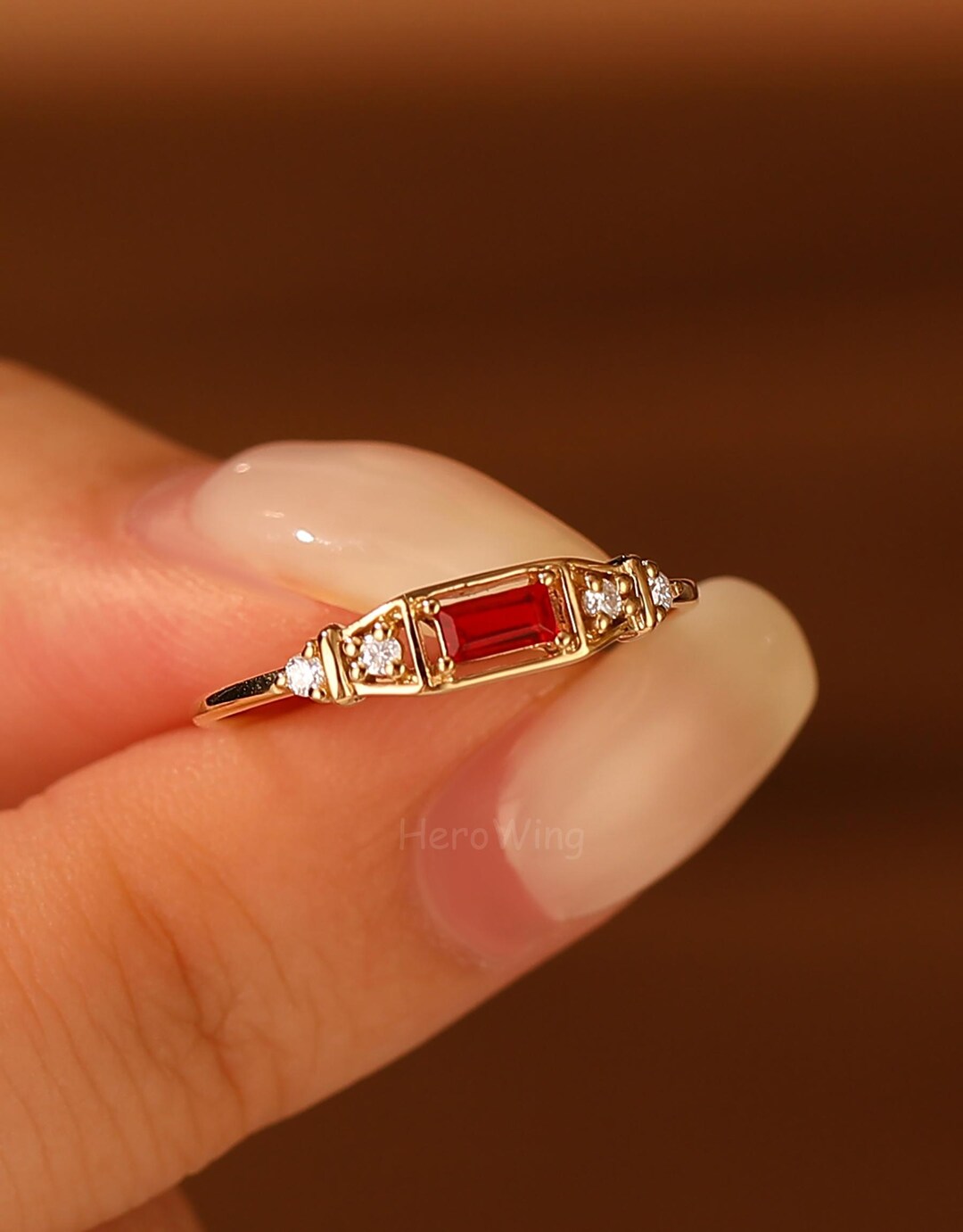 Emerald Cut Birthstone Red Ruby Wedding Ring Yellow Rose White Gold ...