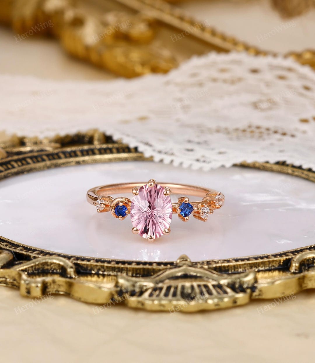 Firework Cut Branch Engagement Ring Art Deco Pink Sapphire Wedding Ring ...