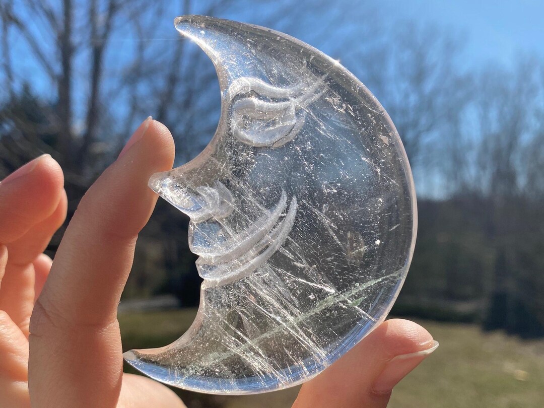 Smiling Clear Quartz Moon | Crystal Moon Carving - Etsy