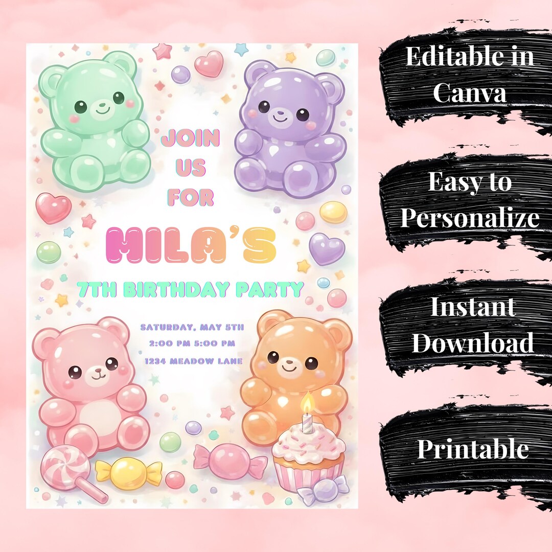 Gummy Bear Birthday Party Invitation, Chic Candy Invite, Canva Editable ...