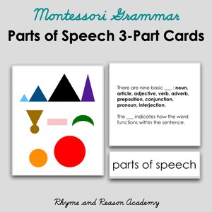 Parts of Speech Elementary 3-part Cards Montessori Grammar Nomenclature ...