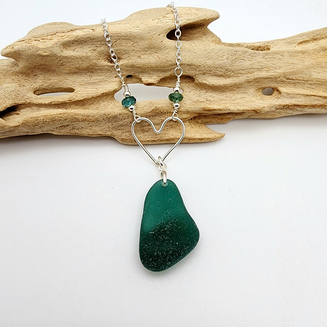 Teal Sea Glass Pendant Sterling Silver Sea Glass Pendant With Heart and ...