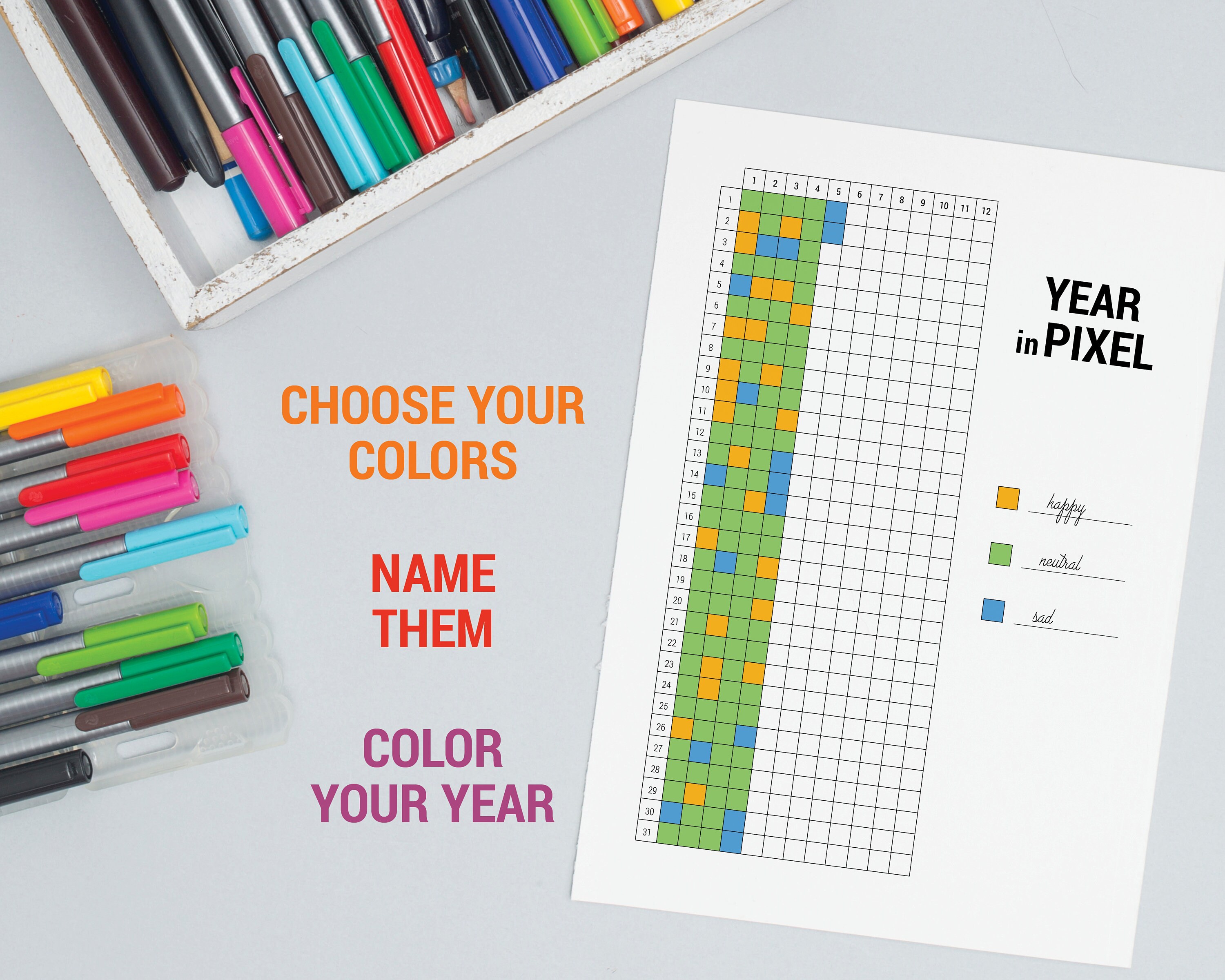 Year in Pixels Printable 365 Days Habit Tracker 1 Year 12 Months Goal ...