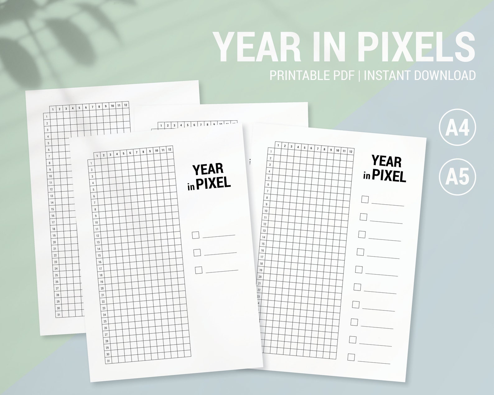 Year in Pixels Printable 365 Days Habit Tracker 1 Year 12 Months Goal ...