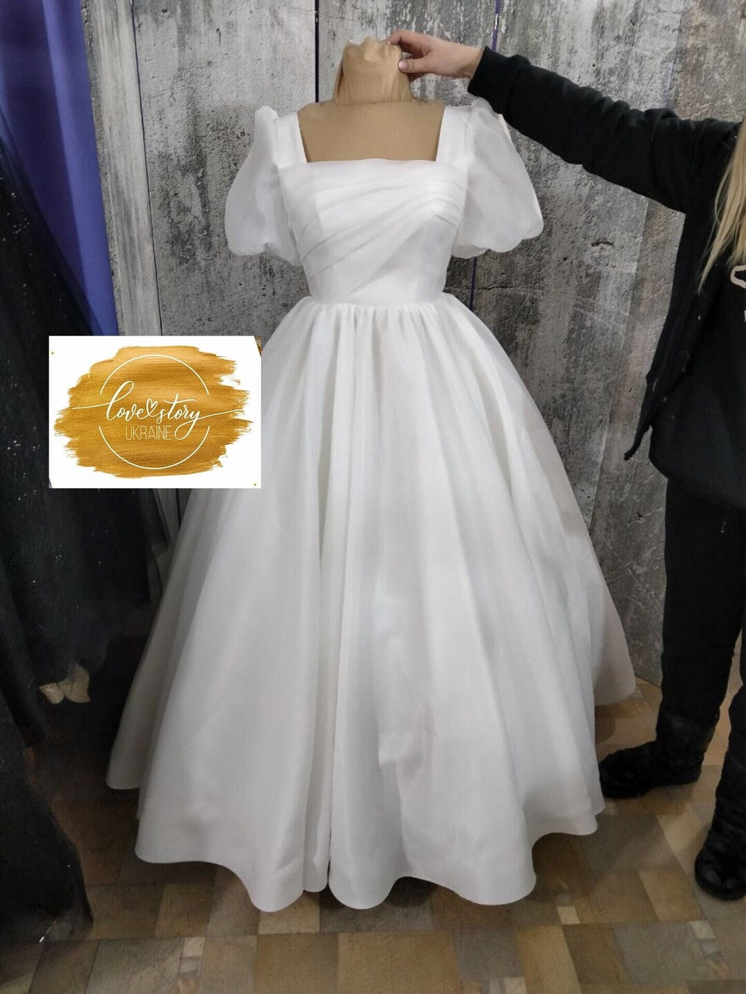Bishop Sleeve Bridal Dress Square Neckline Cathedral Bridal Gown Corset ...