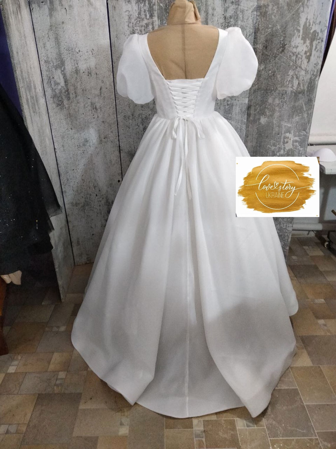 Bishop Sleeve Bridal Dress Square Neckline Cathedral Bridal Gown Corset ...