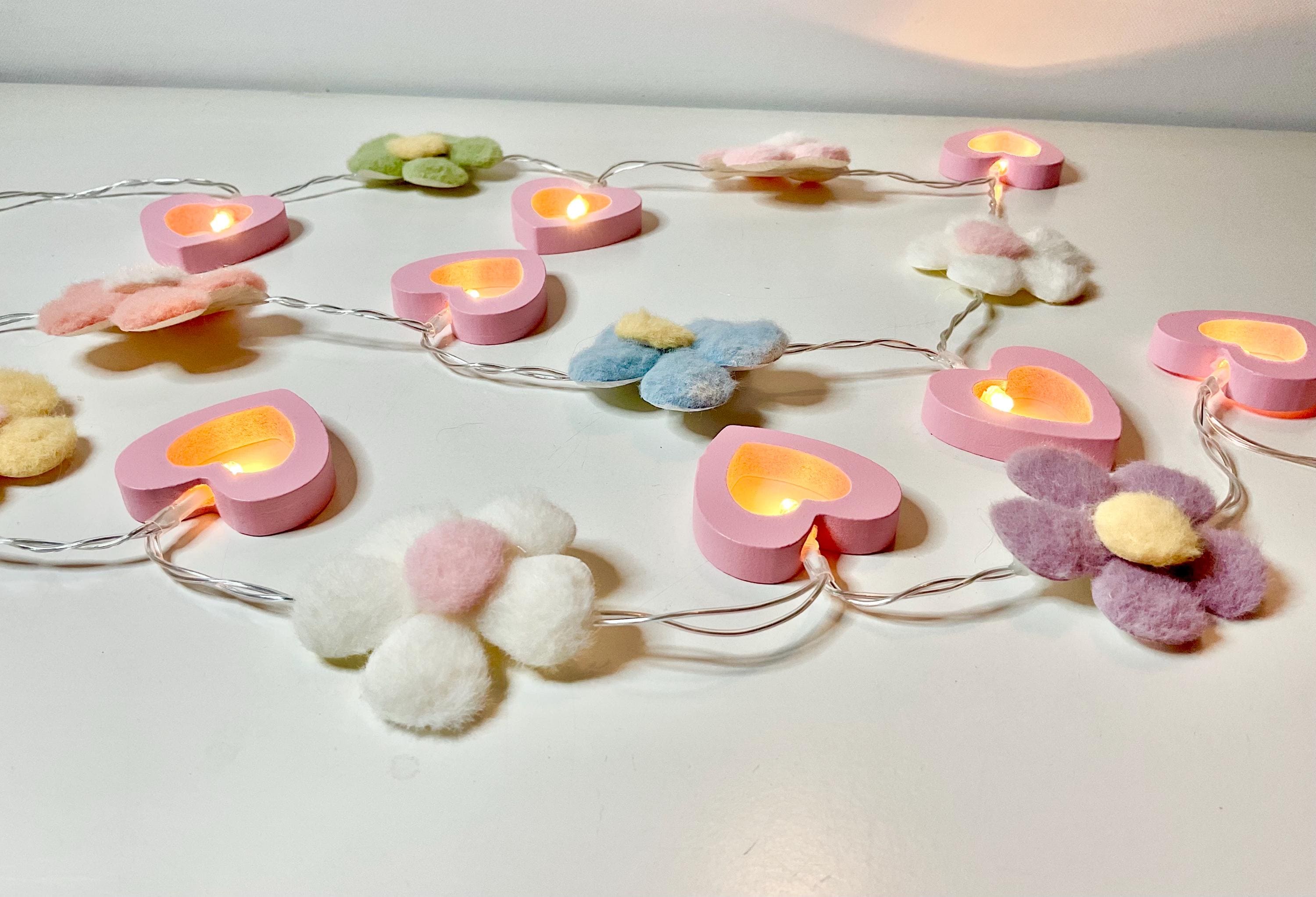 Pink Wooden Heart String Lights, Fluffy Flower Nursery Decor, Lights ...