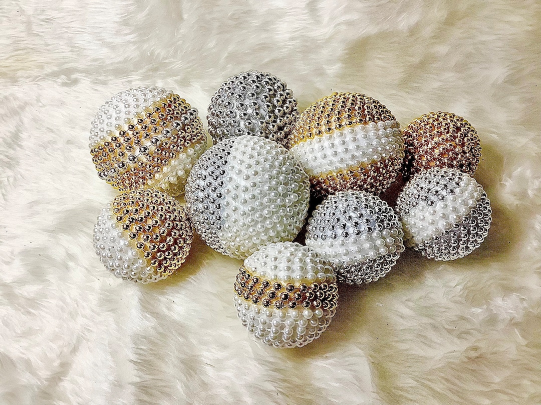 Beaded Decor Balls, Pearl Bead Balls, Gold Silver Ornament, Basket ...