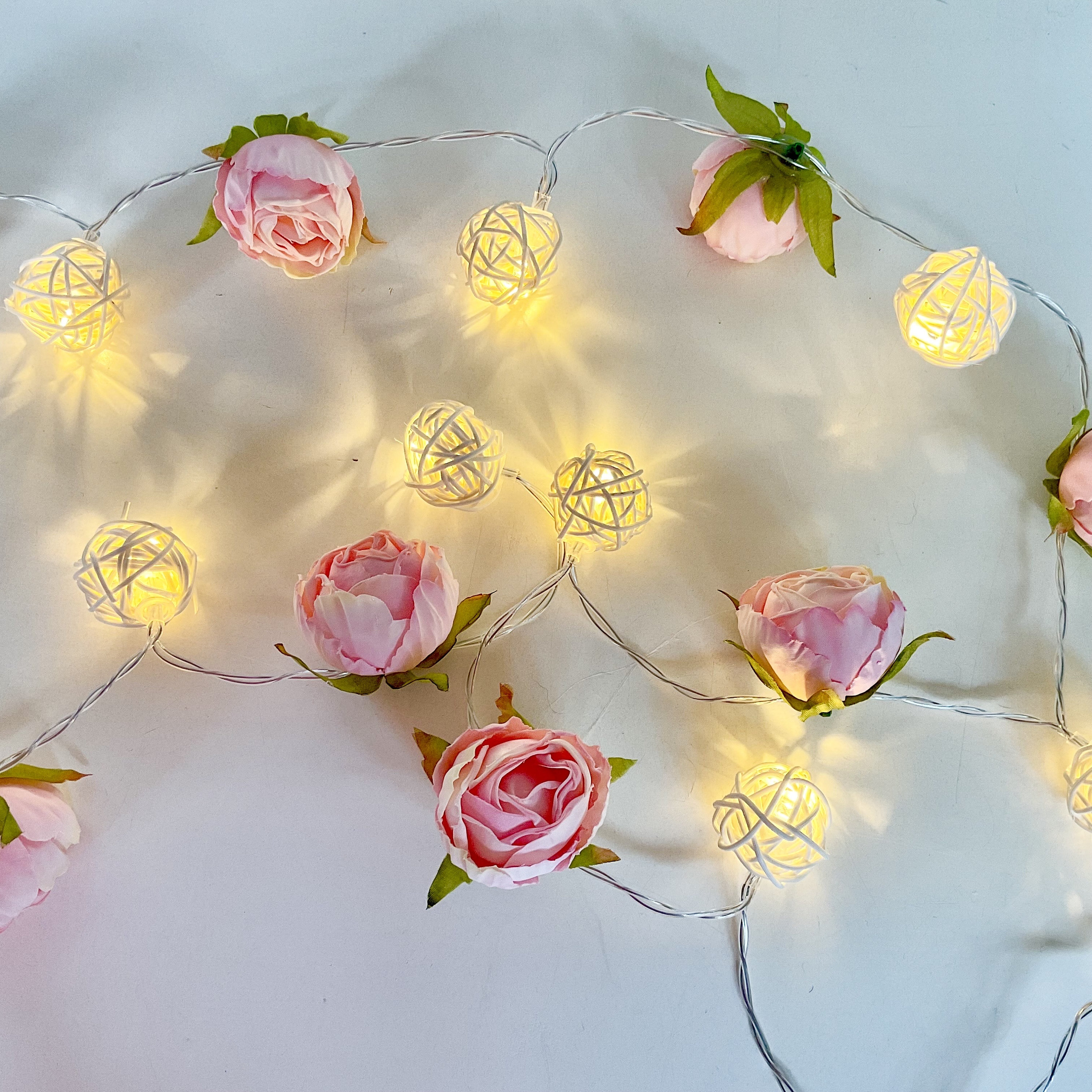 Pretty Pink Rose String Light Garland With Rattan Shades, Bedroom ...