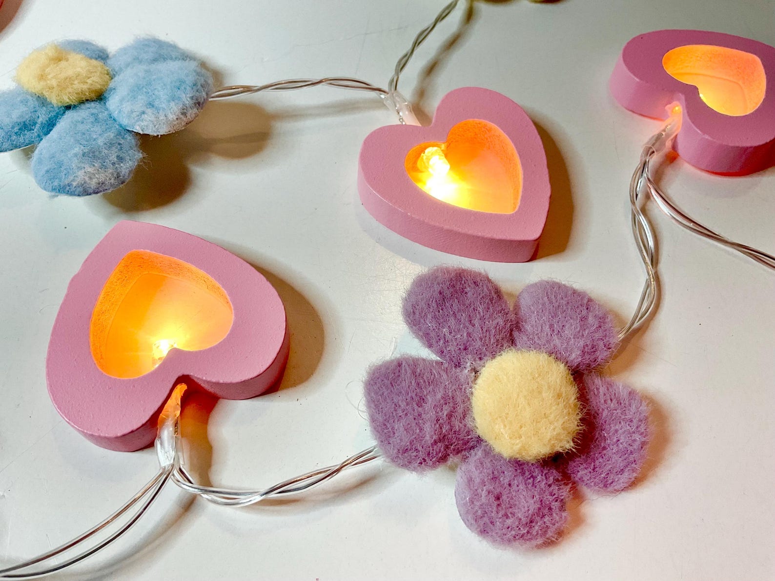 Pink Wooden Heart String Lights, Fluffy Flower Nursery Decor, Lights ...