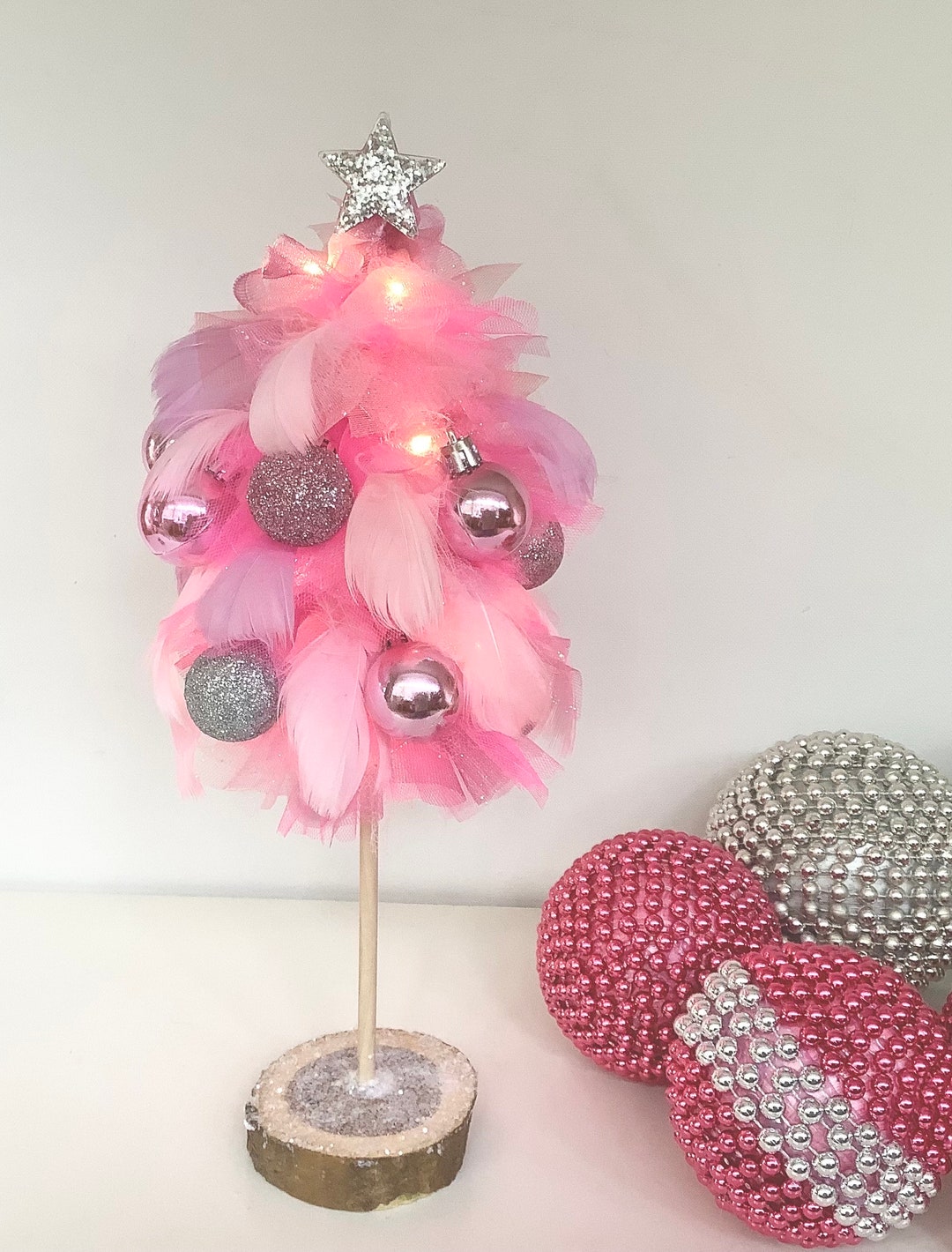 Pink Tulle and Feathers Tree With Lights, Pink Christmas Tree, Birthday ...