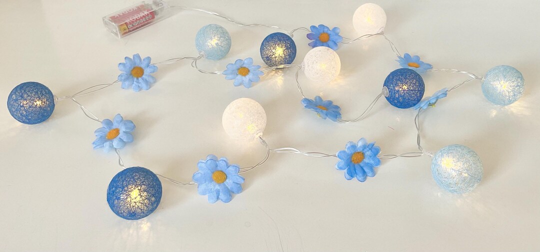 Blue and White Cotton Ball String Lights With Blue Daisies, Blue Room Decor, Blue String Lights ...