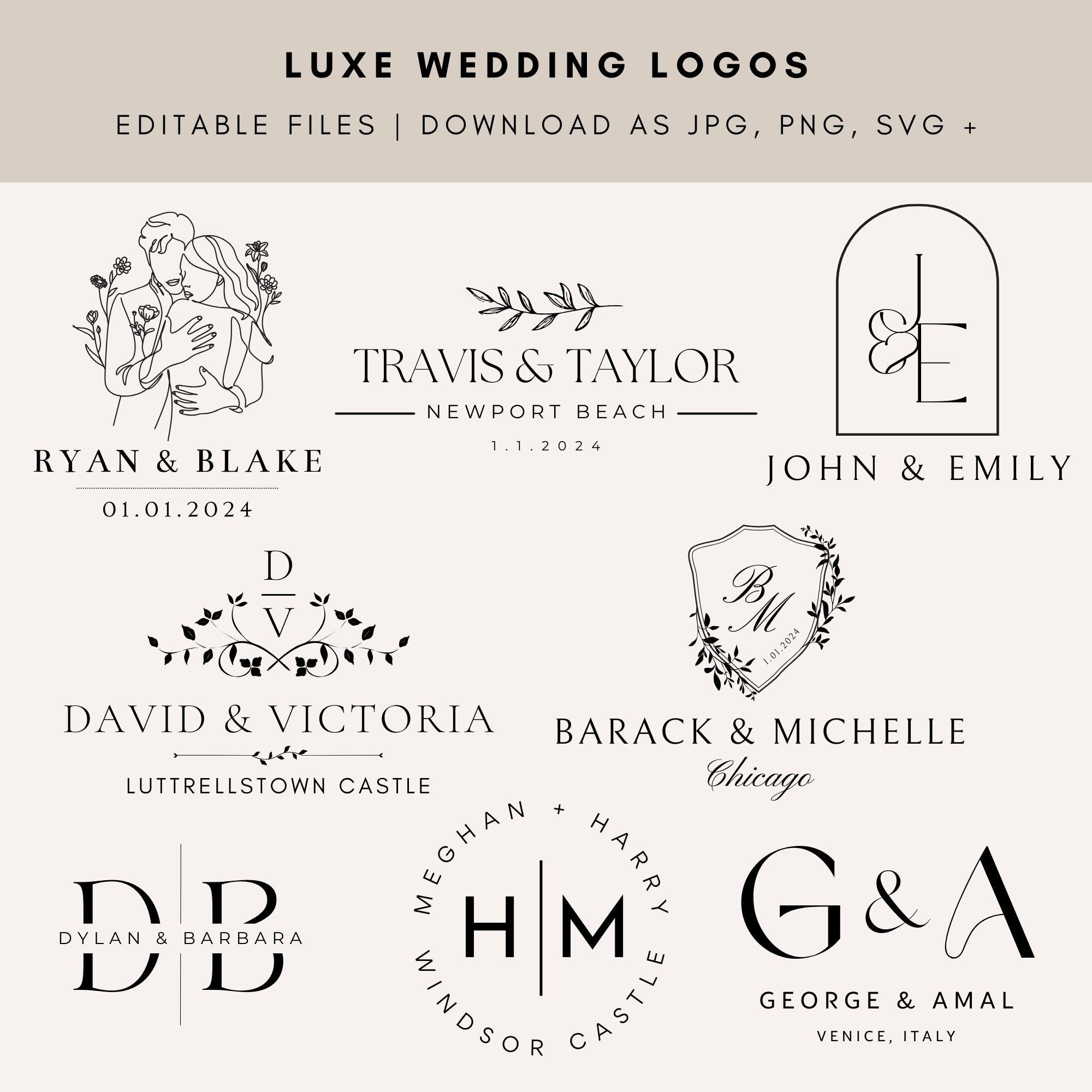 8 Editable Luxury Wedding Logo Pack Canva DIY Templates Customizable ...