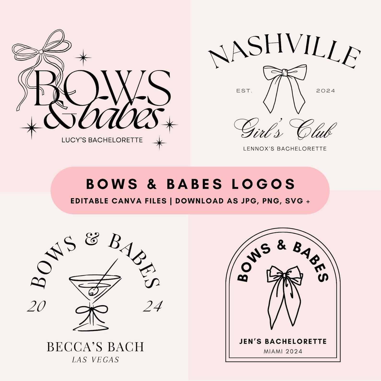 4 Editable Bows and Babes Bachelorette Bridal Shower Logo | Canva DIY ...