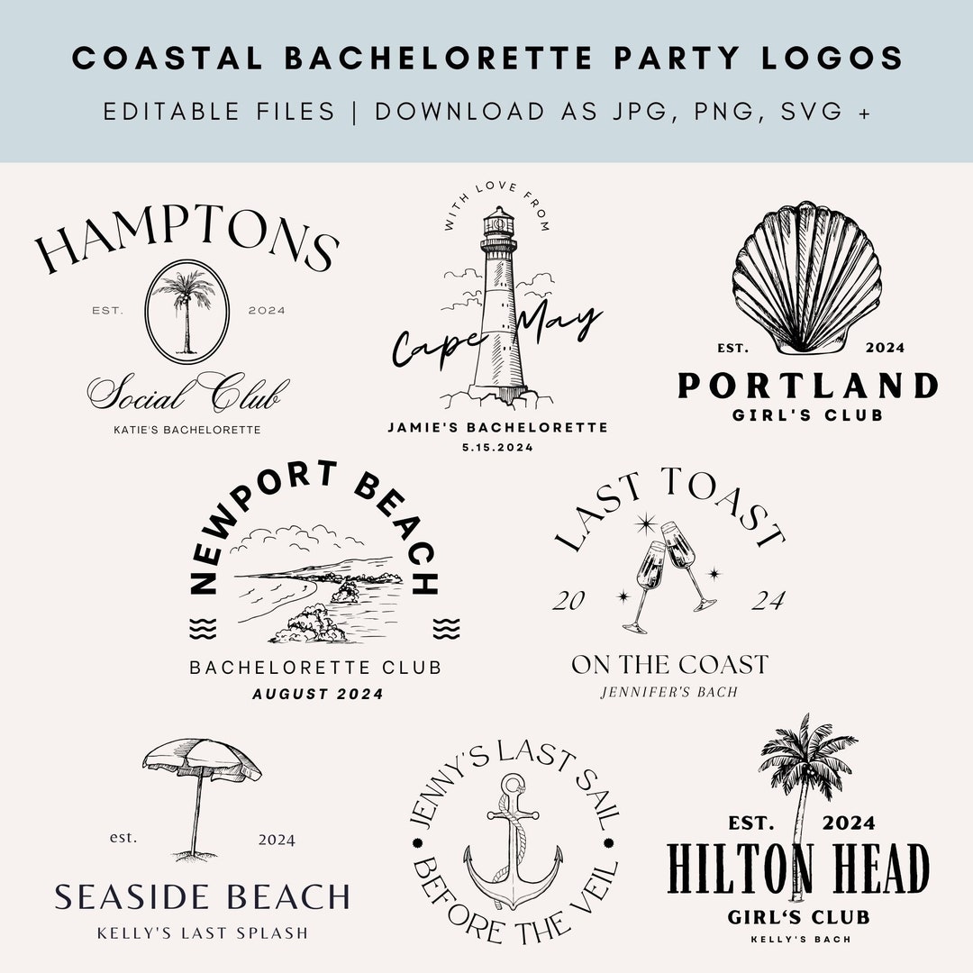 8 Editable Coastal Bachelorette Wedding Party Logo Pack | DIY Beach ...