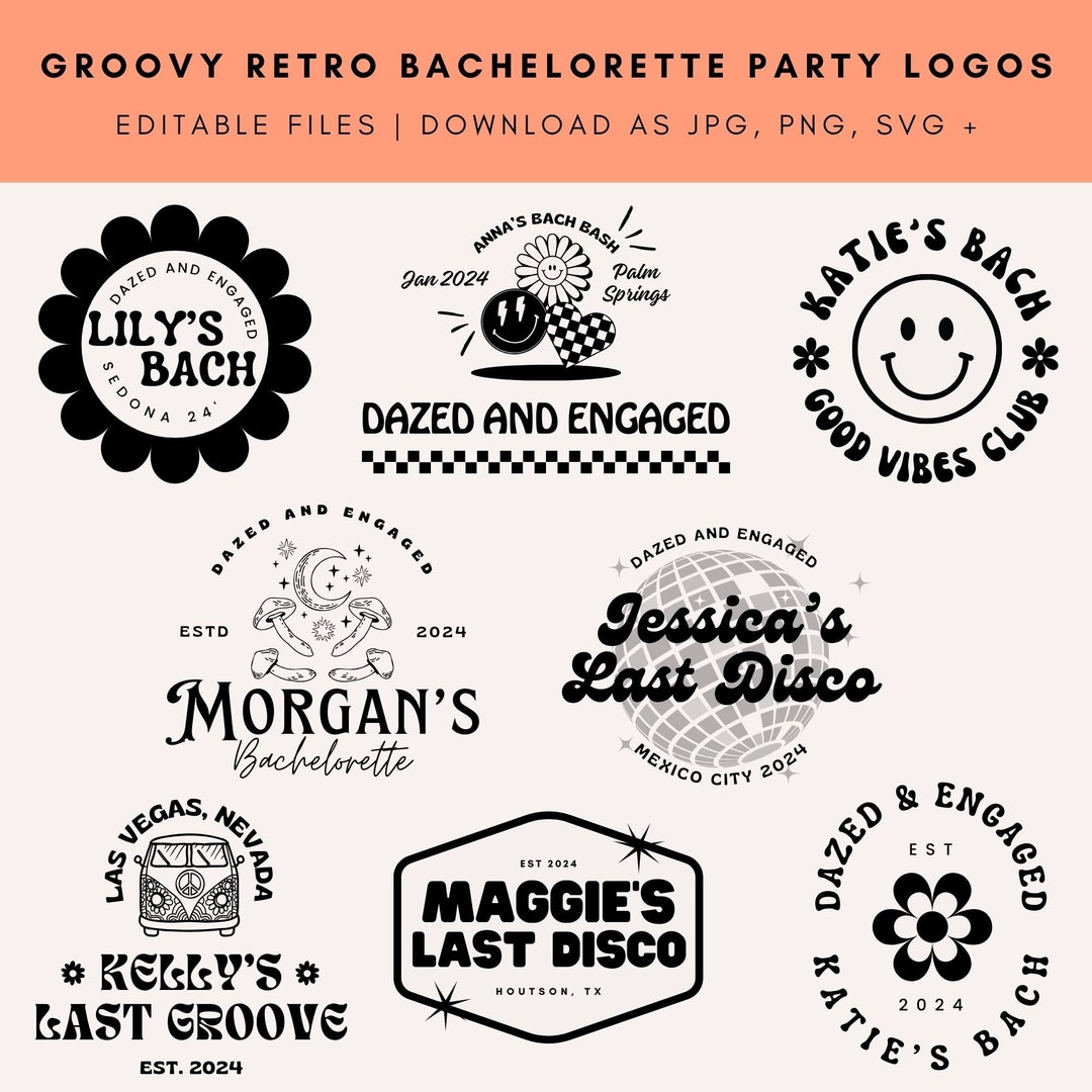 8 Editable Groovy/retro Bachelorette Party Logo Pack | Canva Templates ...