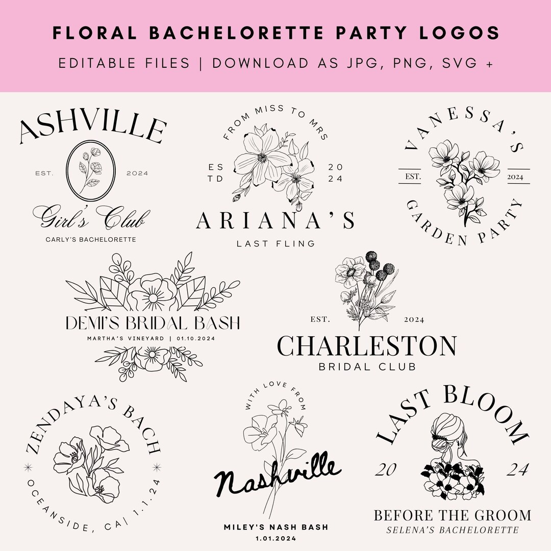 8 Editable Floral Bachelorette Party Logo Pack | Canva DIY Templates ...