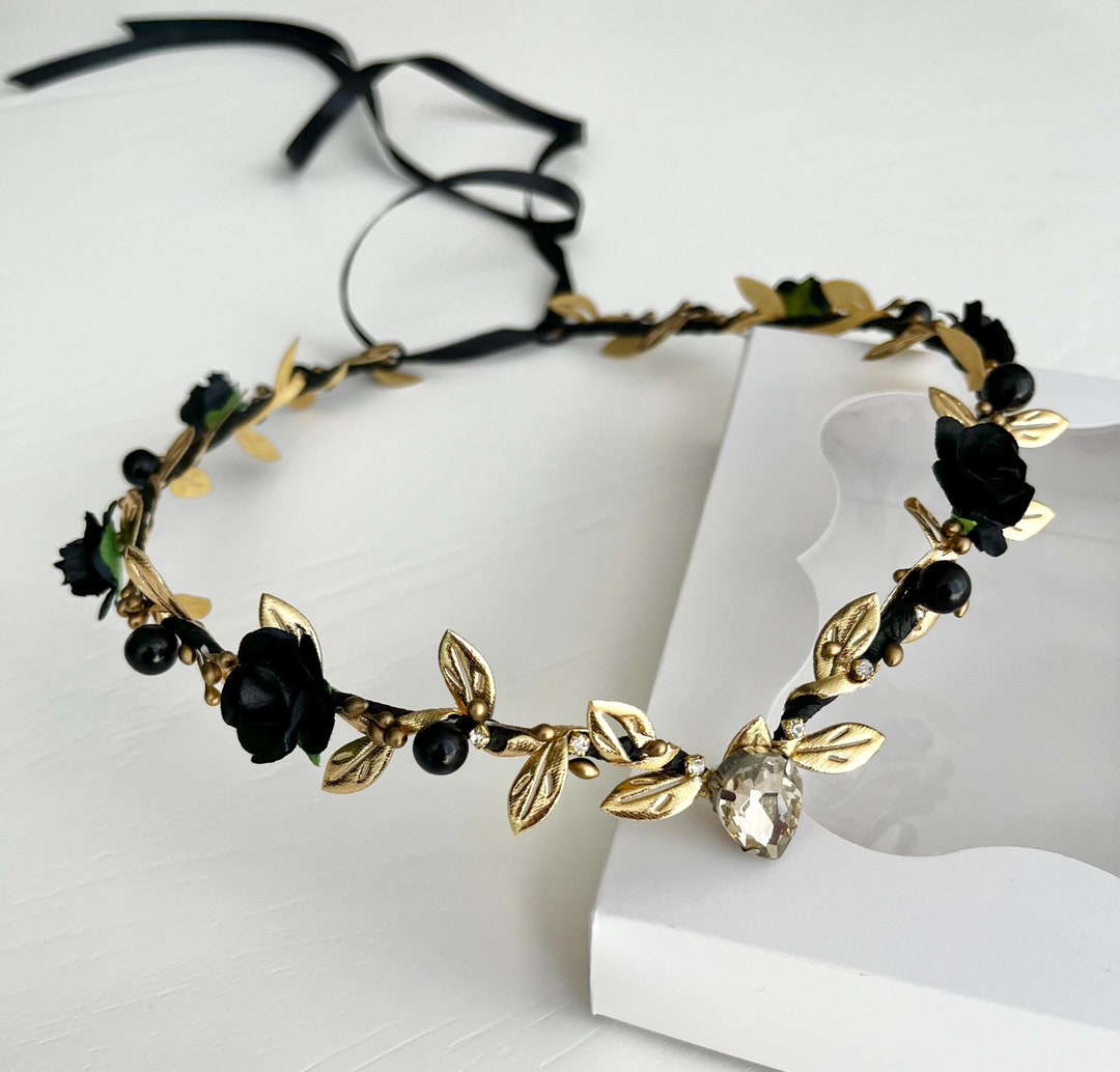 Black Gold Elven Tiara, Dark Fairy Crown,halloween Crown,elvish Flower ...