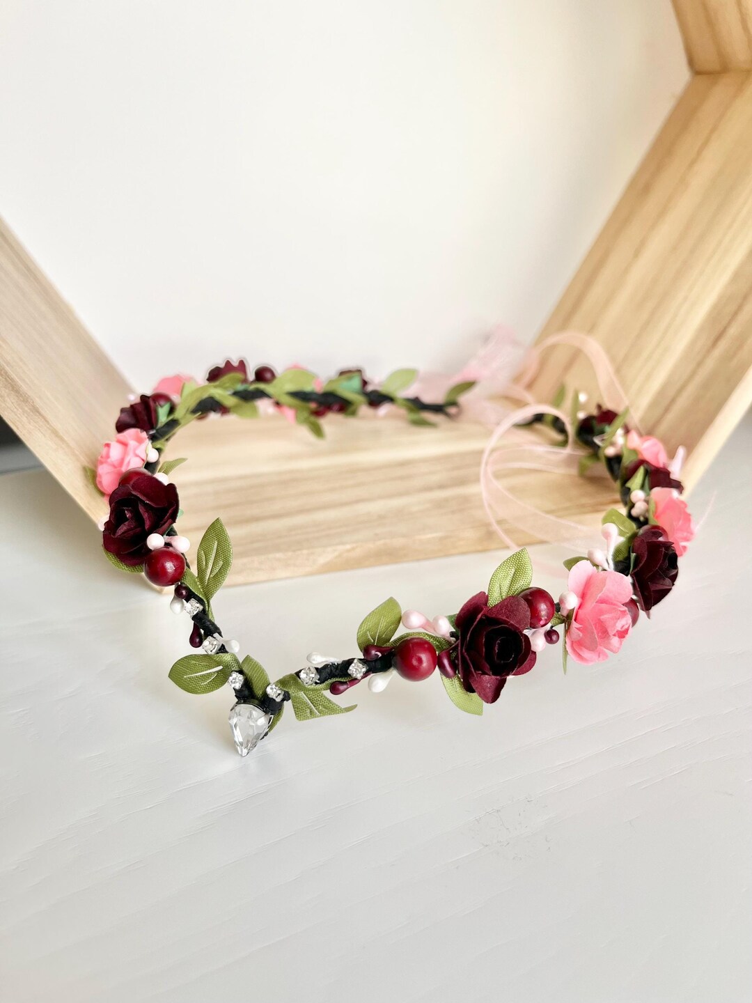 Elven Flower Crown, Maroon Wedding Crown, Burgundy Floral Crown ...