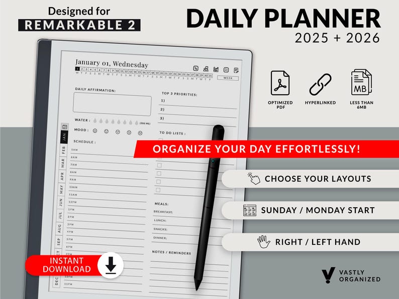Daily Planner Template for Remarkable 2 Eink Tablet, 2025, 2026 ...