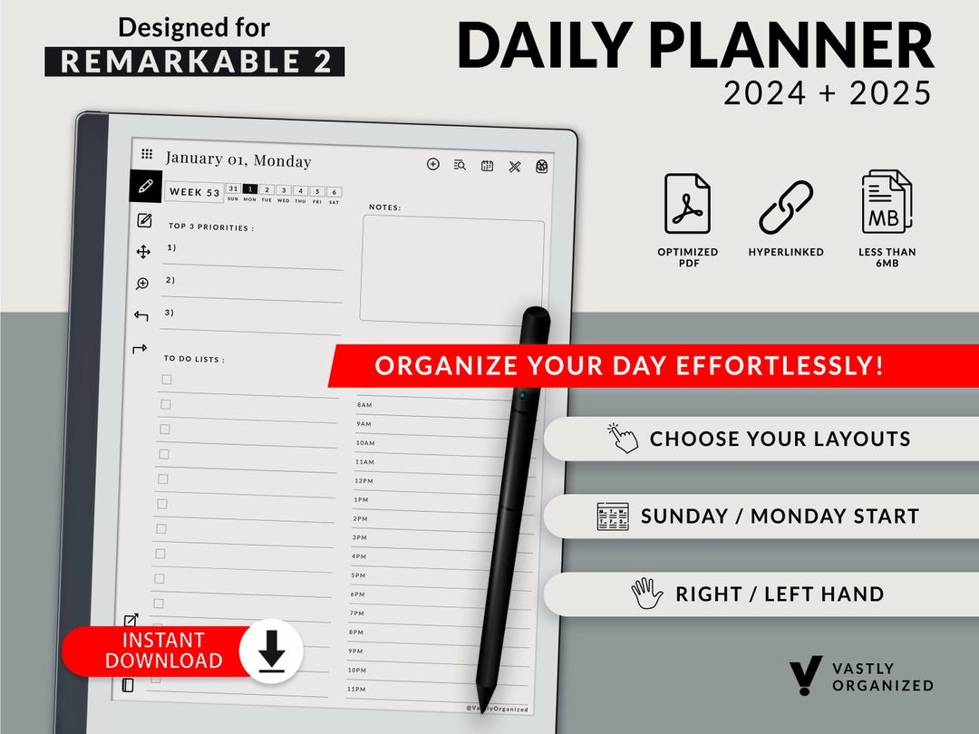 Daily Planner Template for Remarkable 2 Eink Tablet, 2024, 2025 ...