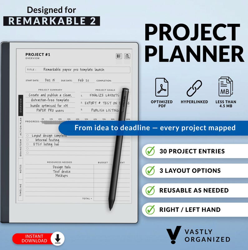 Project Planner Template for Remarkable 2 Tablets: 30 Project Entries ...