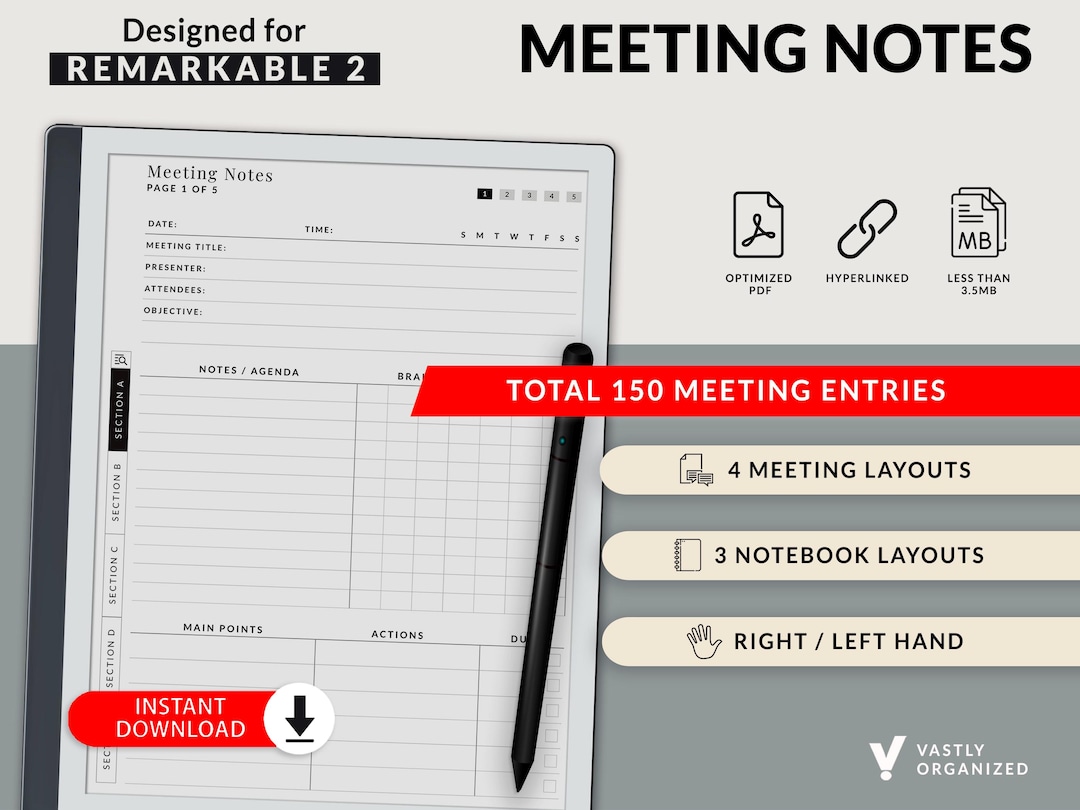 Meeting Notes Template for Remarkable 2: Hyperlinked, Customizable (PDF ...