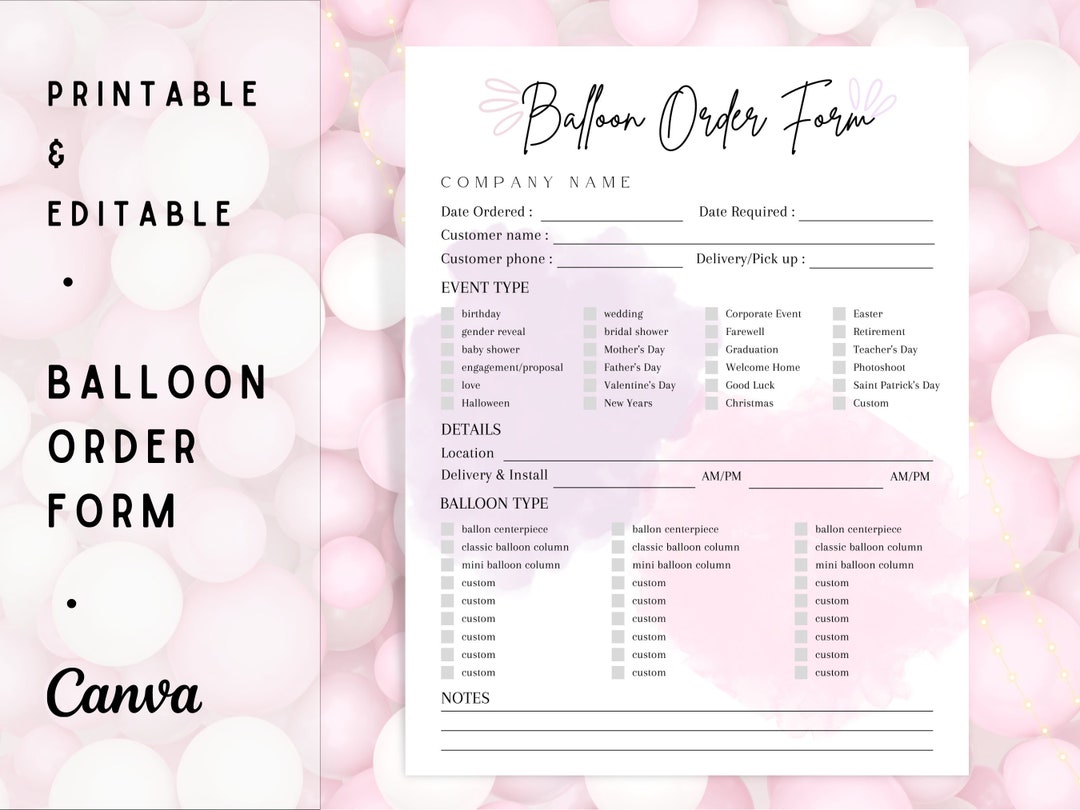 EDITABLE BALLOON ORDER Form Template Balloon Order Tracker - Etsy
