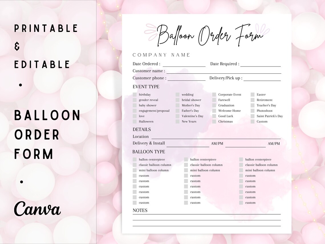 EDITABLE BALLOON ORDER Form Template Balloon Order Tracker - Etsy